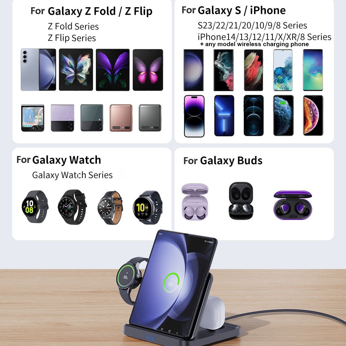 F16A Fold/Flip/Normal Phone 15W Wireless Charging Station Watch and ...