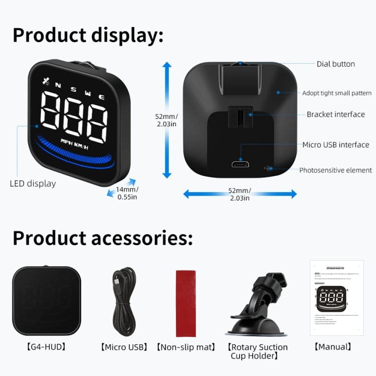 G4 GPS Speedometer HUD Ambient Light Speed Alert Compact 52mm LED ...