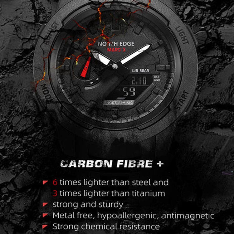 North Edge Mars 3 Carbon Fiber Outdoor Watch 50 Metres Waterproof World ...