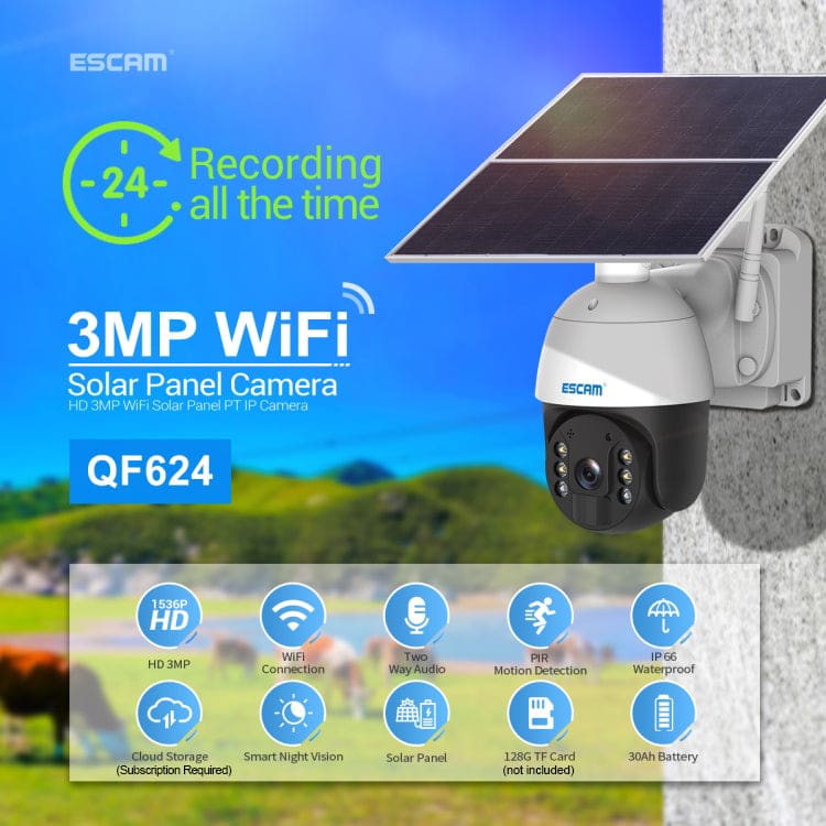 ESCAM QF624 24/7 SOLAR WI-FI 3MP Pan/Tilt Outdoor Security Camera App ...